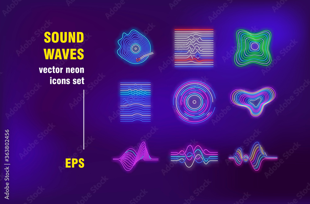 Sound waves neon signs set. Colorful sound frequency lines, volume ...