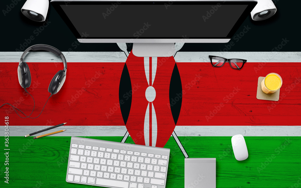 Kenya flag background with headphone,computer keyboard and mouse on ...