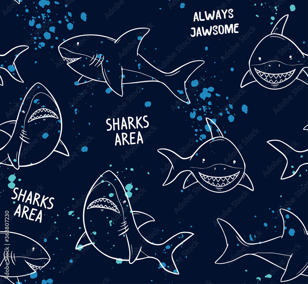 Vector seamless pattern with hand drawn sharks. Stock Vector | Adobe Stock