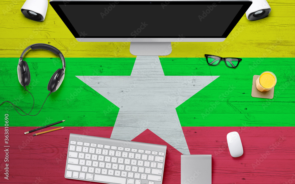 Myanmar flag background with headphone,computer keyboard and mouse on ...