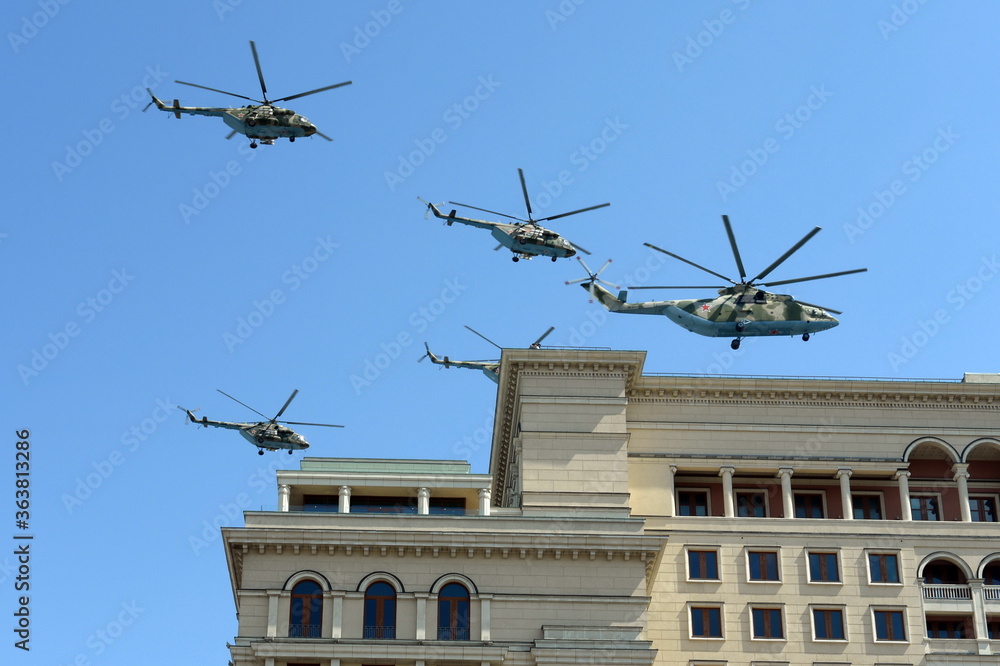 Military transport Mi-26 and multi-purpose Mi-8AMTSH helicopters in the ...
