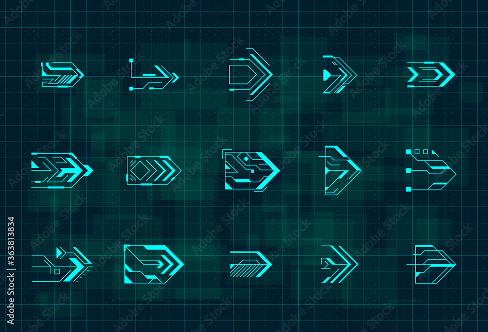 Set of futuristic HUD blue arrows. Cyberpunk arrows design for flyer ...