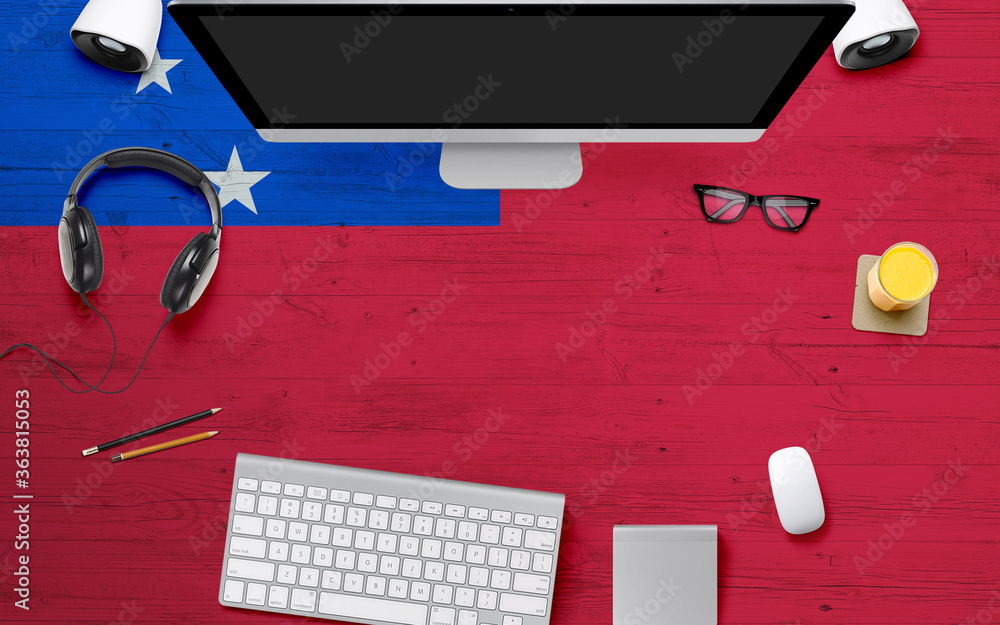 Samoa flag background with headphone,computer keyboard and mouse on ...