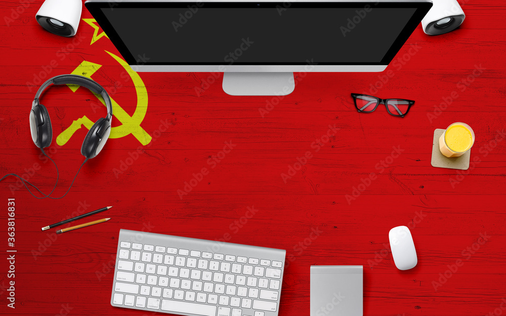 Soviet Union flag background with headphone,computer keyboard and mouse ...
