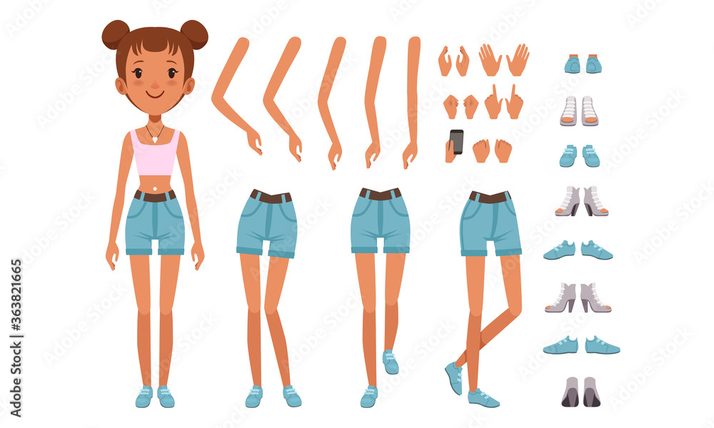 Cute Girl Constructor for Animation, Front View of Pretty Female ...