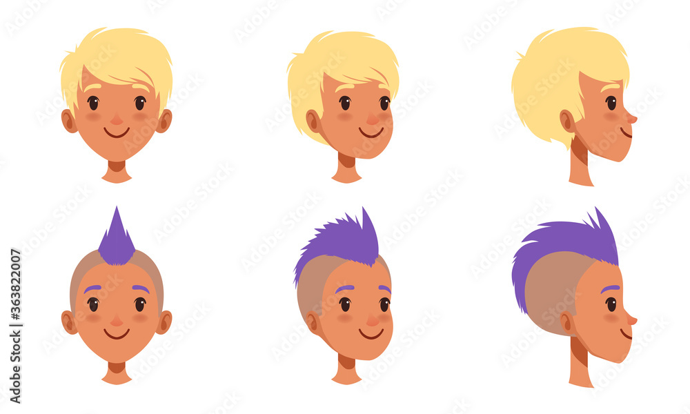 Male Heads Set, Caucasian Boy Characters with Various Hairstyles ...