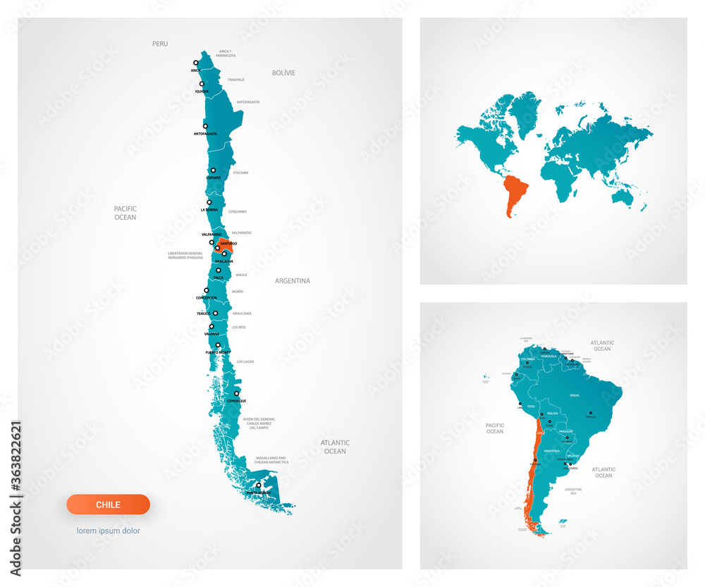 Editable template of map of Chile with marks. Chile on world map and on ...