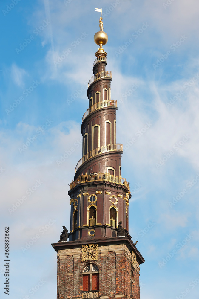 Copenhagen vor frelsers church old famous serpentine tower. Denmark ...