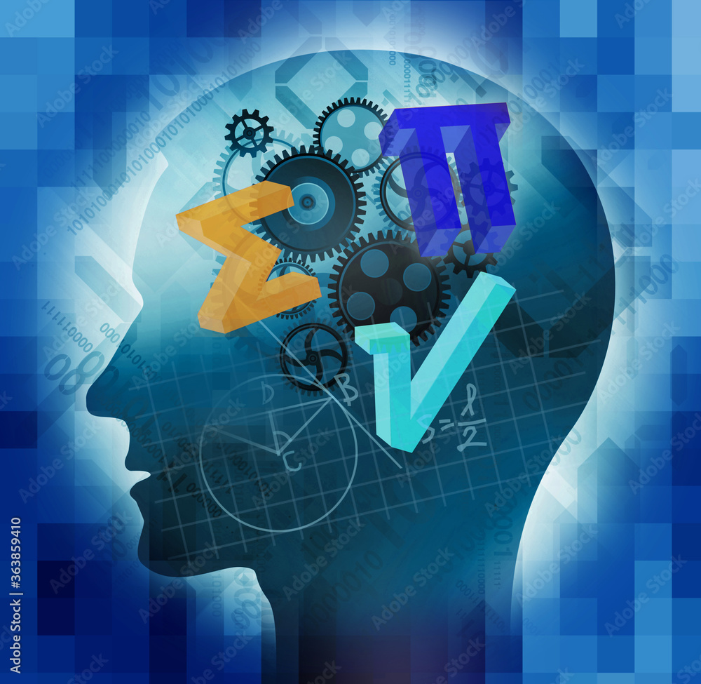 Mathematician, education background. Male stylized head silhouette with ...