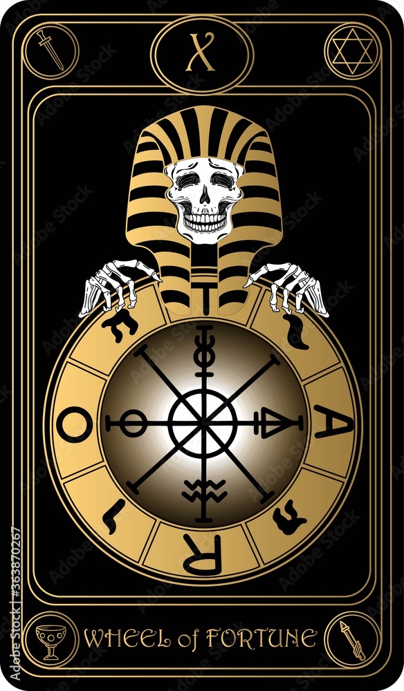 The Wheel of Fortune. The 10th card of Major arcana black and gold ...