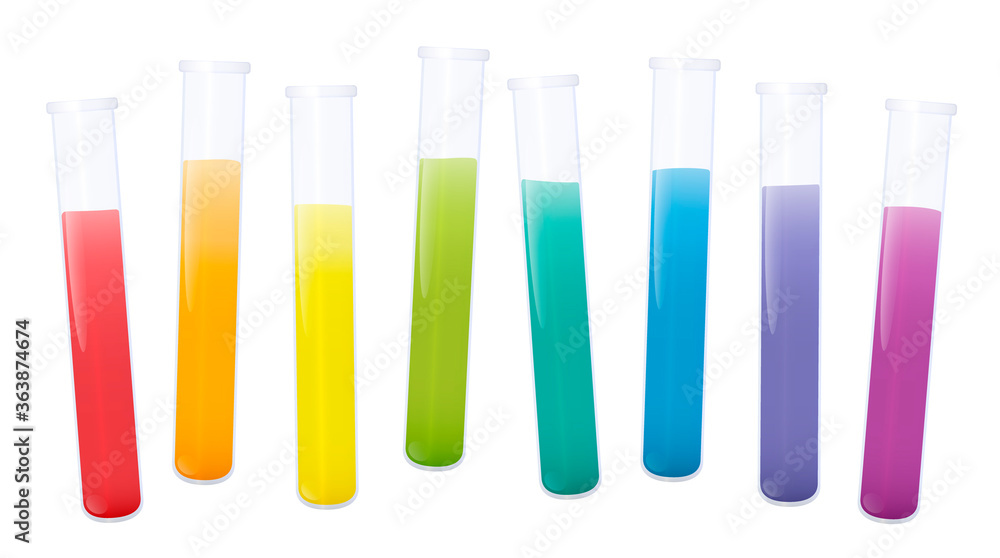 Colorful test tubes with rainbow colored substances, set of fluids in ...