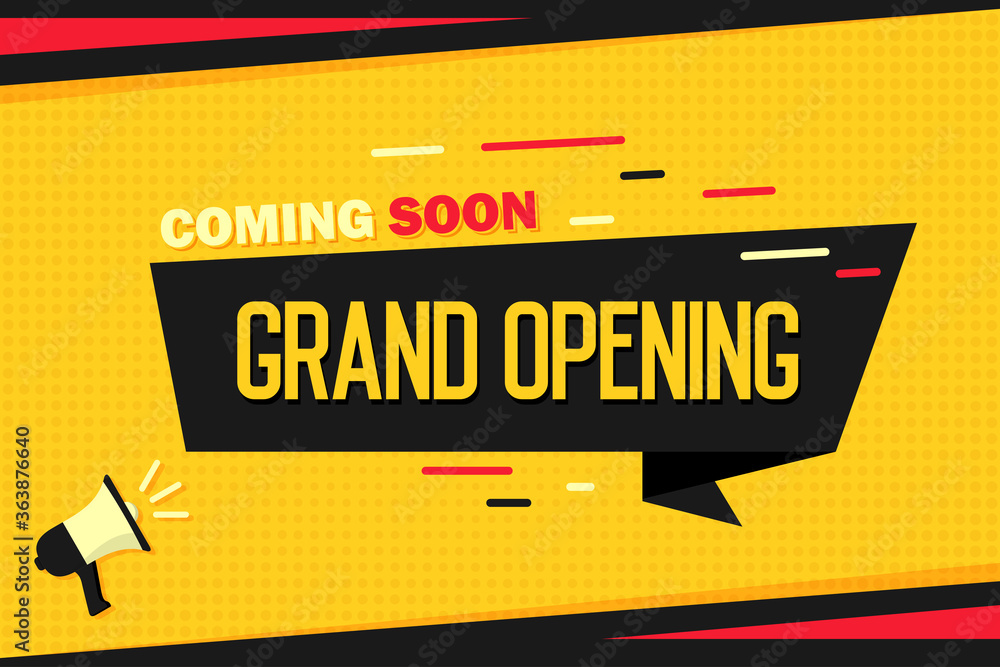 Coming soon Grand Opening. Megaphone with ribbon banner and halftone ...