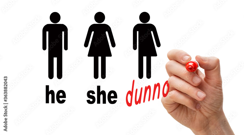Gender neutral toilet sign concept. Word "dunno" written with red ...
