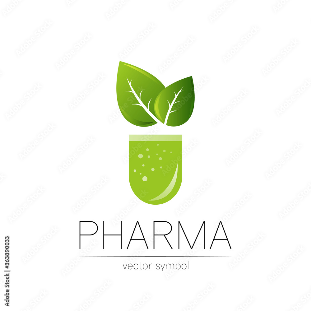 Pharmacy vector symbol with green leaf for pharmacist, pharma store ...