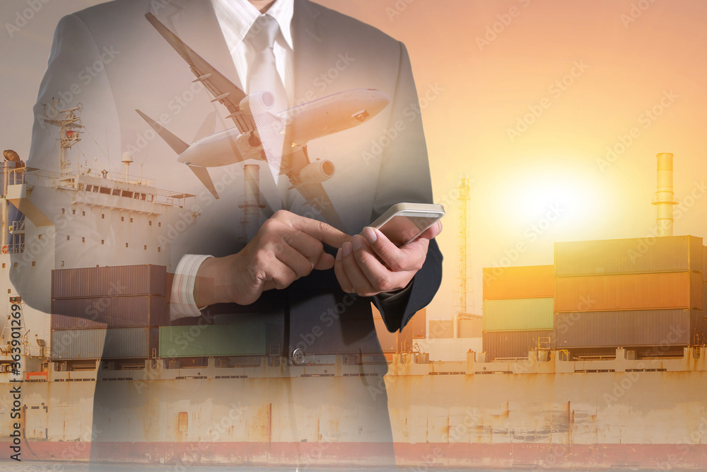 businessman hand hold and touch screen smartphone, mobile, Container ...