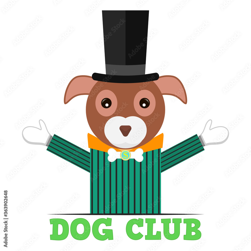 Dog club logo. Lettering, banner, poster. Dog gentleman in a suit, hat ...