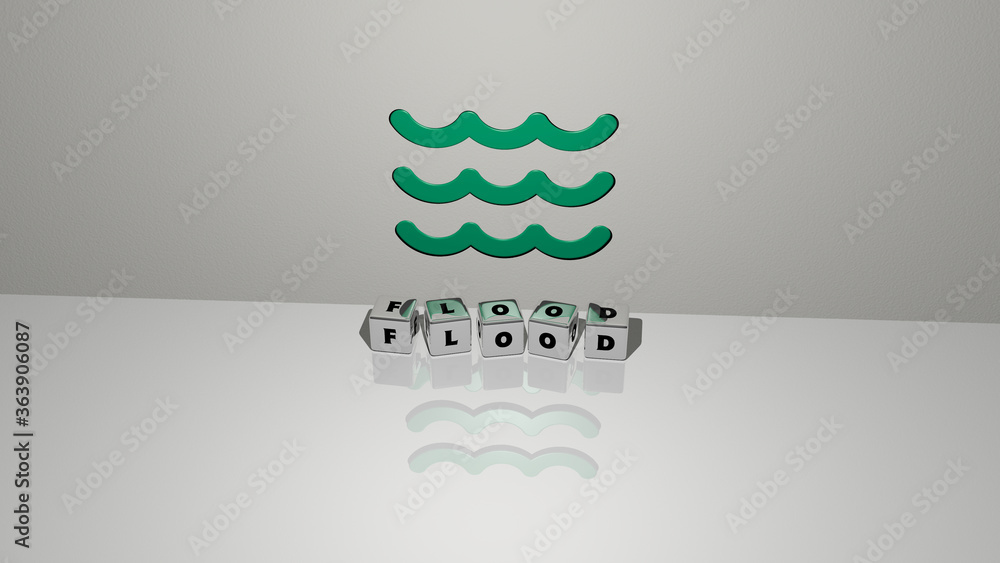 3D representation of FLOOD with icon on the wall and text arranged by ...