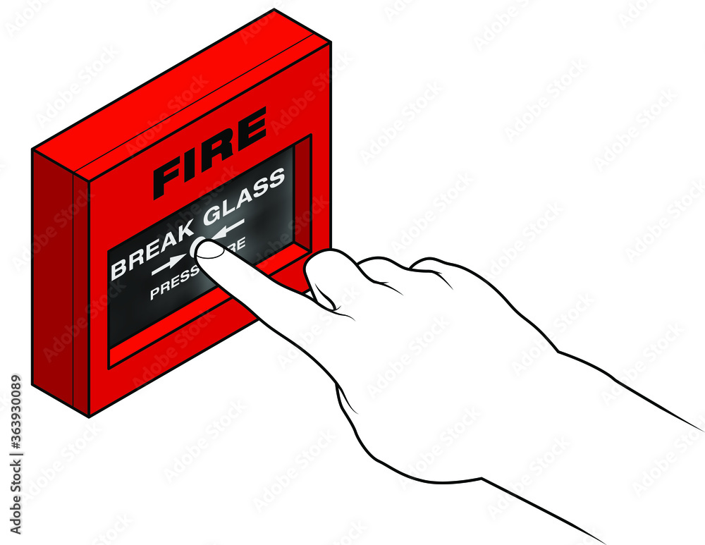 Fire alarm switch. Break glass and press button to activate. With hand ...