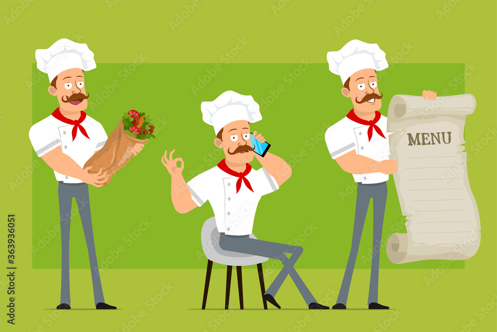 Cartoon flat funny strong chef cook man character in white uniform and ...