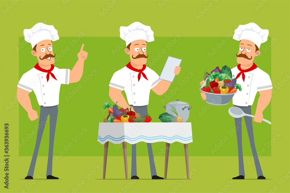Cartoon flat funny strong chef cook man character in white uniform and ...