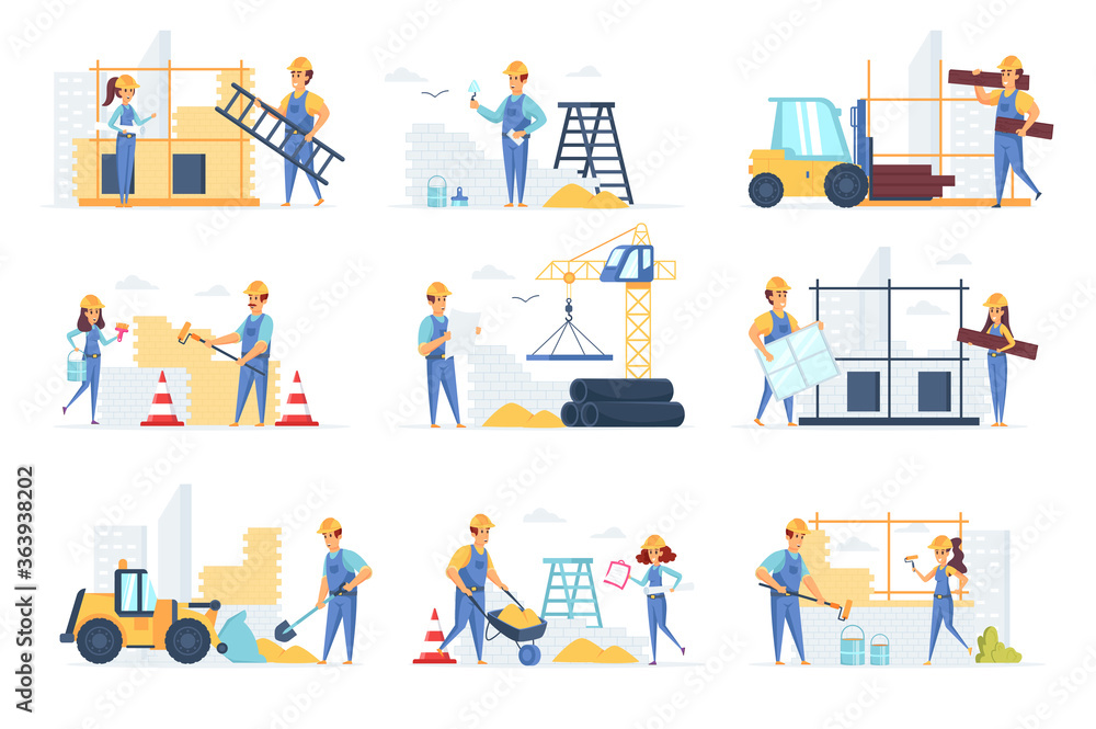Builders scenes bundle with people characters. Engineer, painter, road ...
