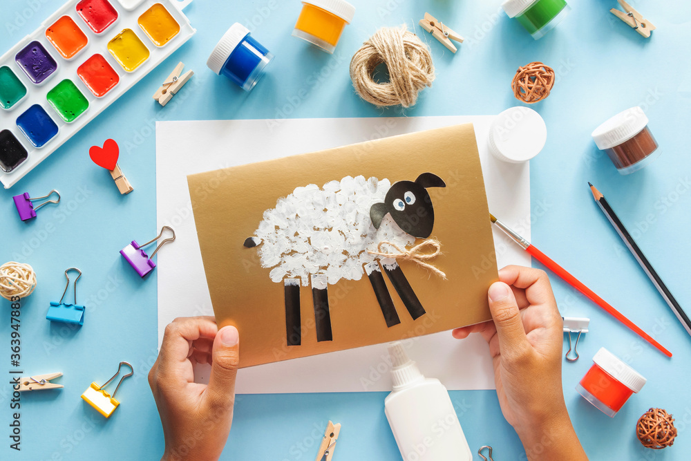 7 Diy Eid al adha lamb sheep baby craft on blue background. Gift idea ...