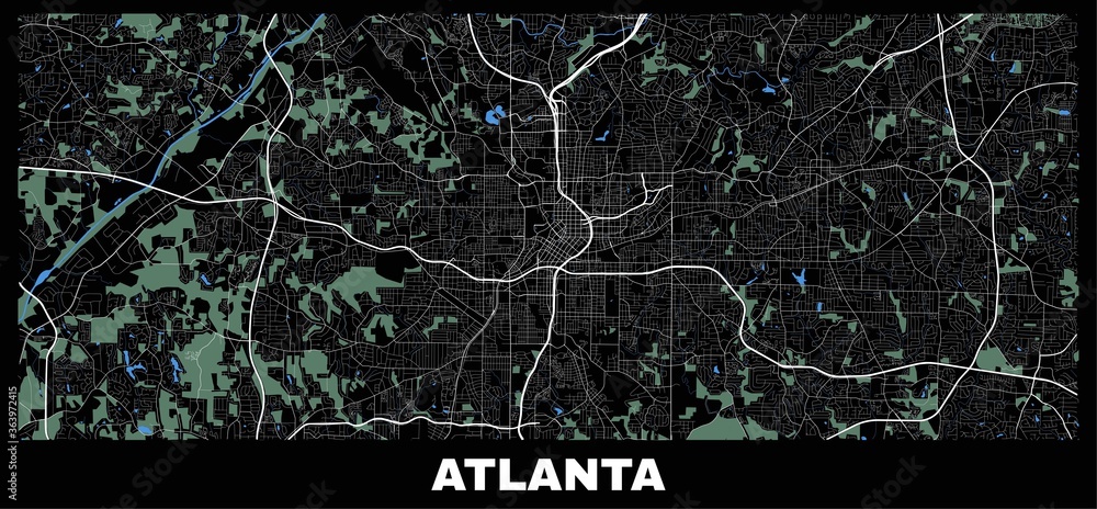 Atlanta map. Horizontal map of Atlanta city poster streets, water ...