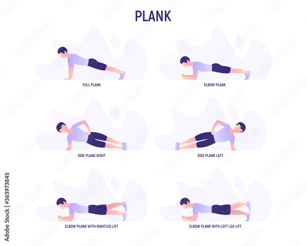 Full plank, side plank and man in elbow plank with leg lift. Flat icon ...