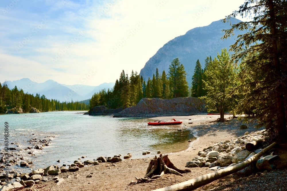 Raft beached on the Bow River in Banff National Park Stock Photo ...