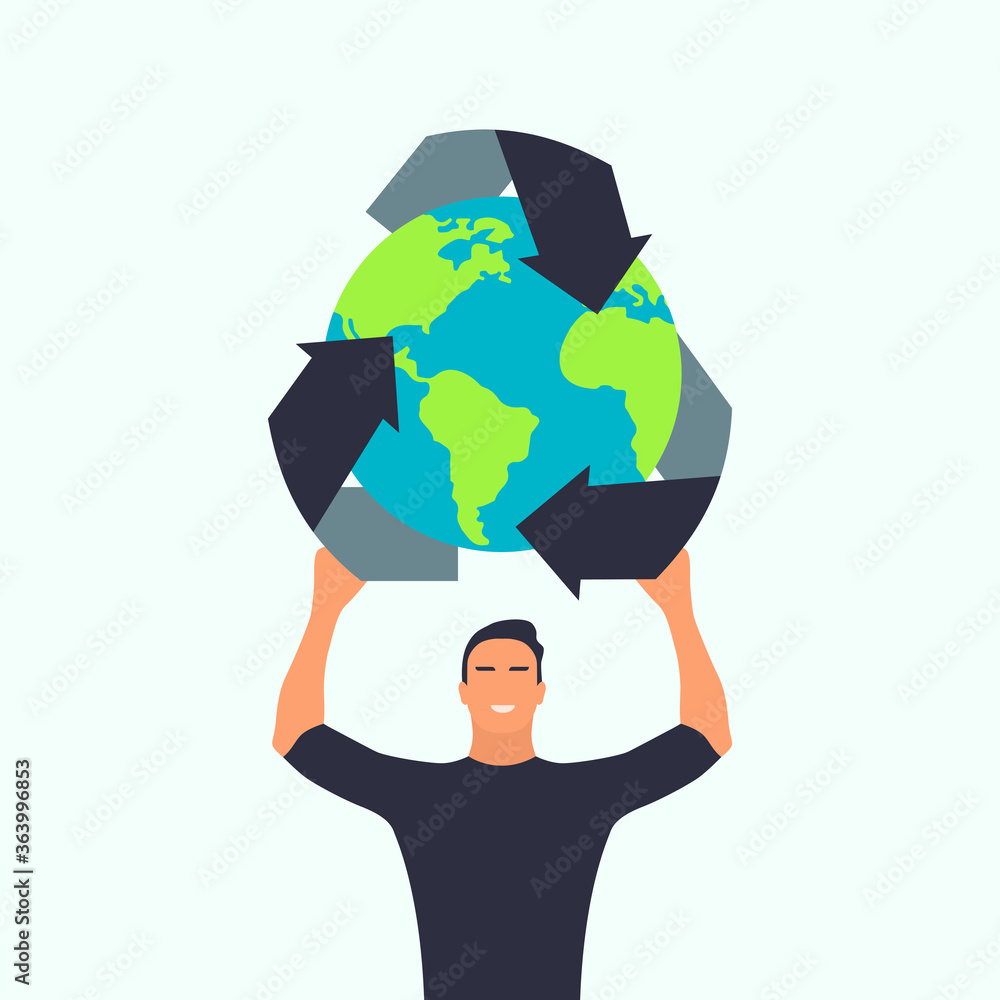 Cuidar al planeta. Reciclar y no contaminar el medio ambiente. Hombre ...