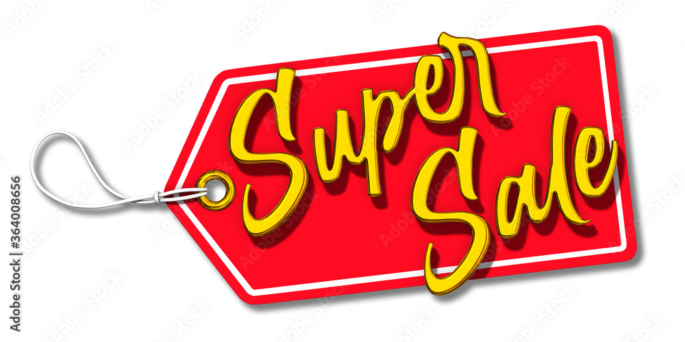 Red price tag with golden super sele letters created by 3d rendering ...