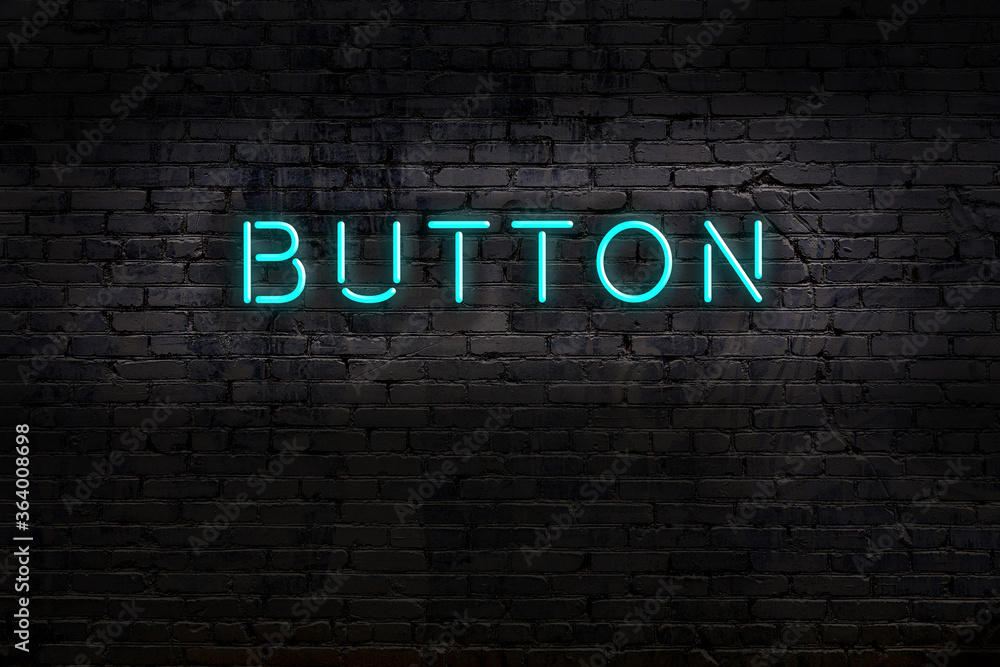 Neon sign. Word button against brick wall. Night view Stock ...