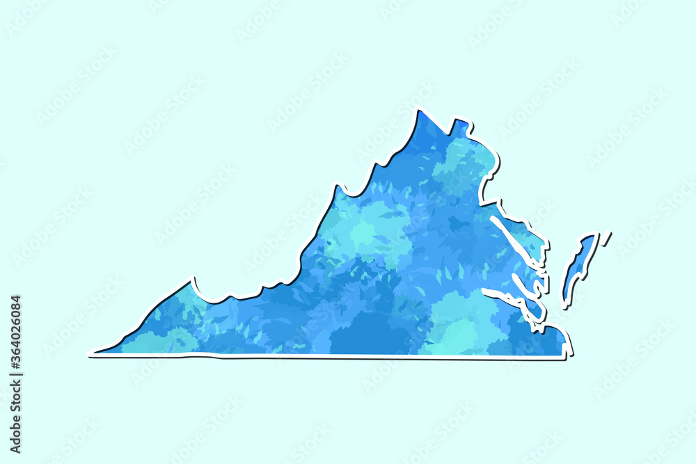 Virginia watercolor map vector illustration of blue color with border ...
