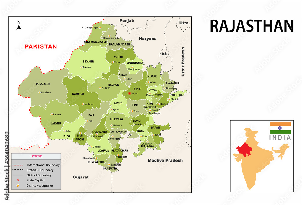 Rajasthan map. Political and administrative map of Rajasthan with ...