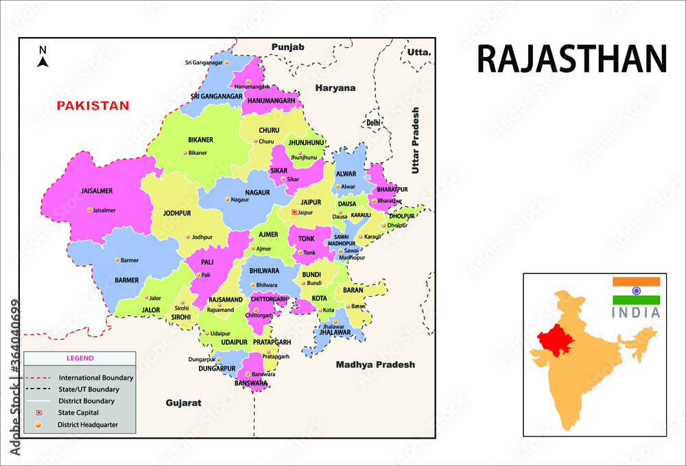 Rajasthan map. Political and administrative map of Rajasthan with ...