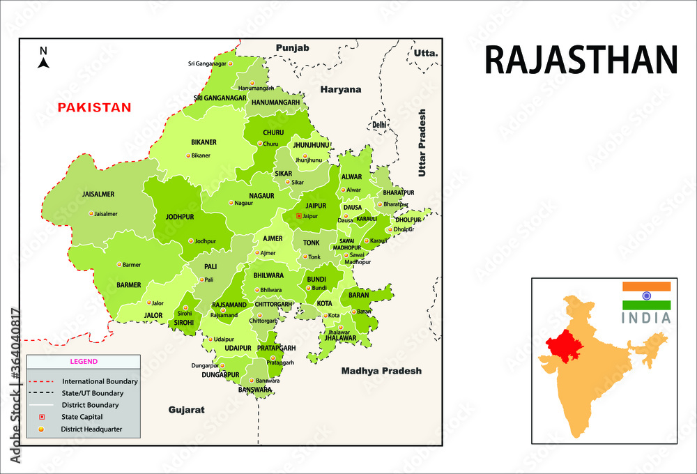 Rajasthan map. Political and administrative map of Rajasthan with ...