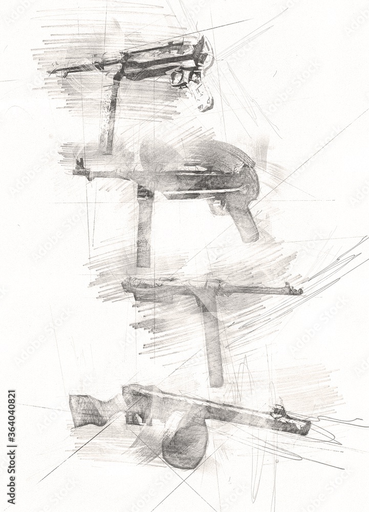 Revolver, hand drawn vintage gun illustration. Engraving style old ...