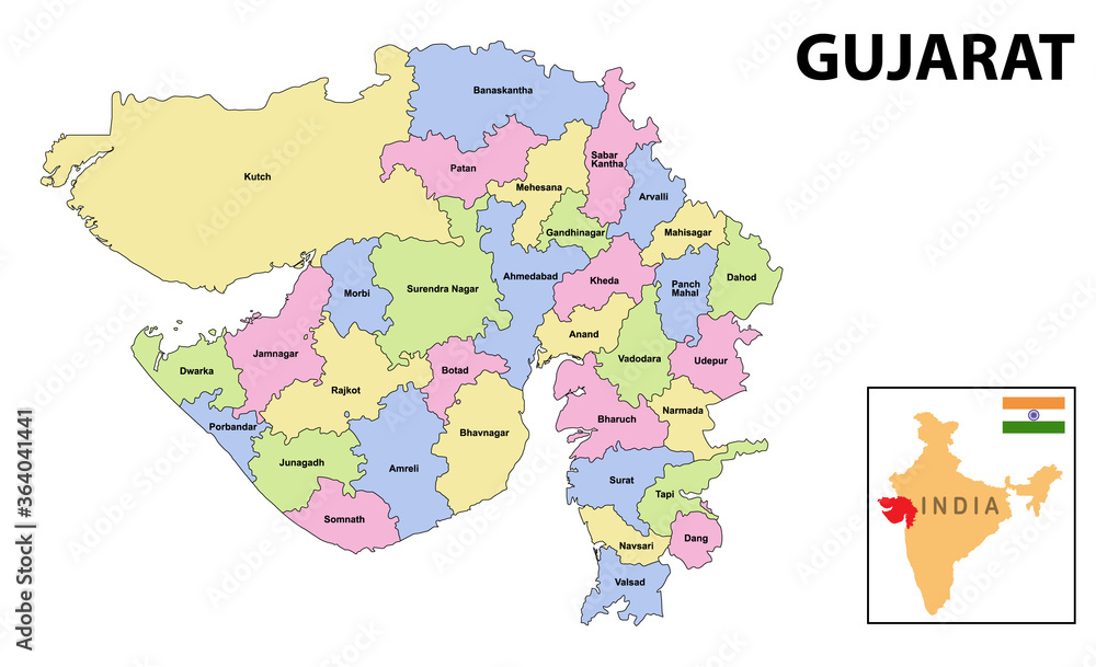 Gujurat map. Political and administrative map of Gujurat with districts ...