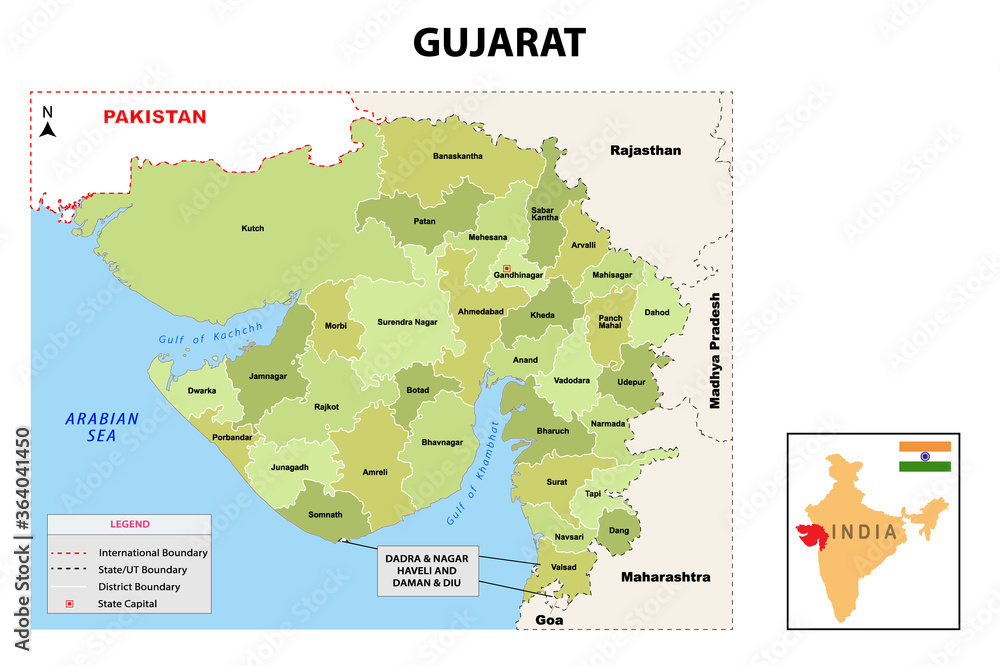 Gujurat map. Political and administrative map of Gujurat with districts ...