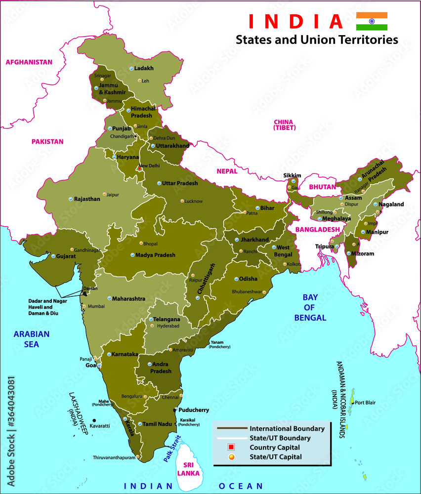 India map. Political Map of India. States and union territories along ...