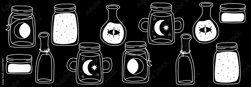 Trendy set with line art jars, aztec style, tribal art, ethnic ...