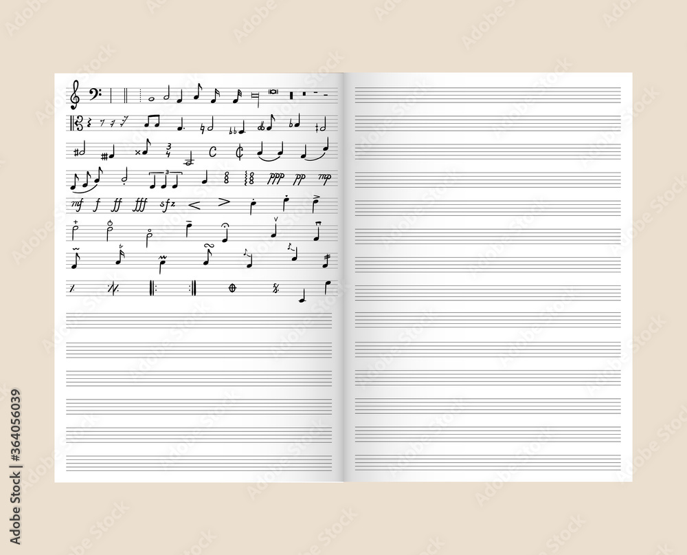 Vector music notes in the musical note, realistic book template ...