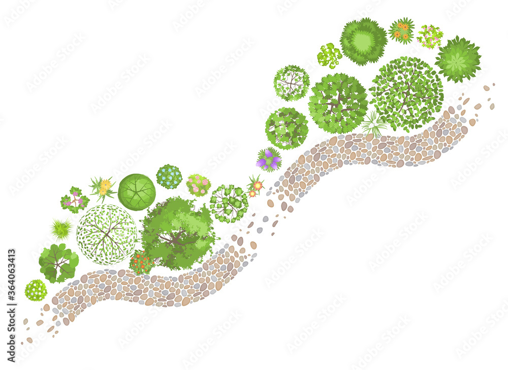 Landscape design. Top view. Path, trees and flowers. View from above ...