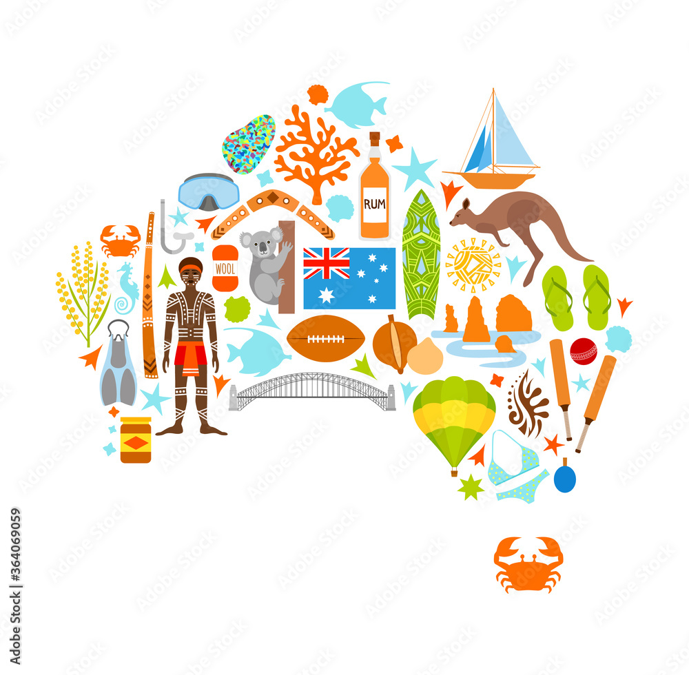 Australia map silhouette made from icons and separate elements, country ...
