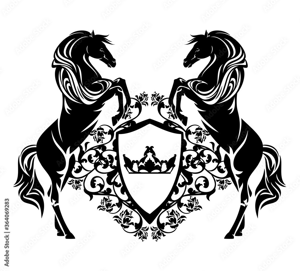 pair of horses holding royal heraldic shield with crown and rose flower ...