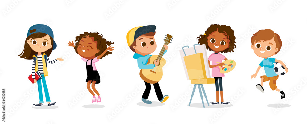 Set of 5 five kid / child cartoon characters performing different ...