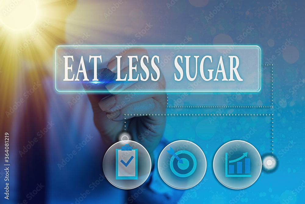 Writing note showing Eat Less Sugar. Business concept for reducing ...