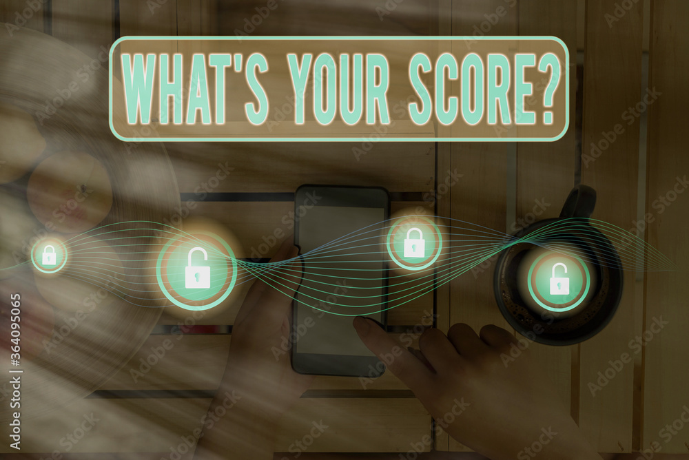 Writing note showing What S Your Score Question. Business concept for ...