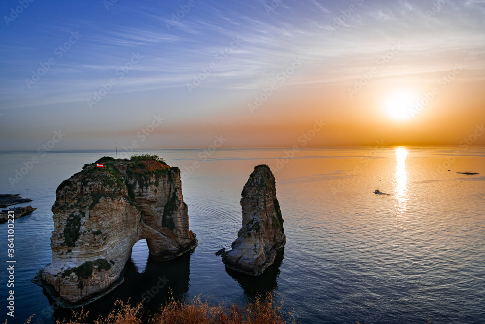 Pigeons' Rock (also known as the Rock of Raouché) in Beirut, Lebanon ...