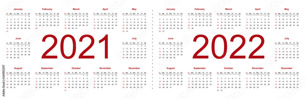 Simple editable vector calendars for year 2021, 2022. Week starts from ...